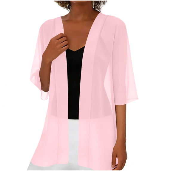 AherBiu Chiffon Cardigan for Women Open Front 1/2 Sleeve Lightweight ...