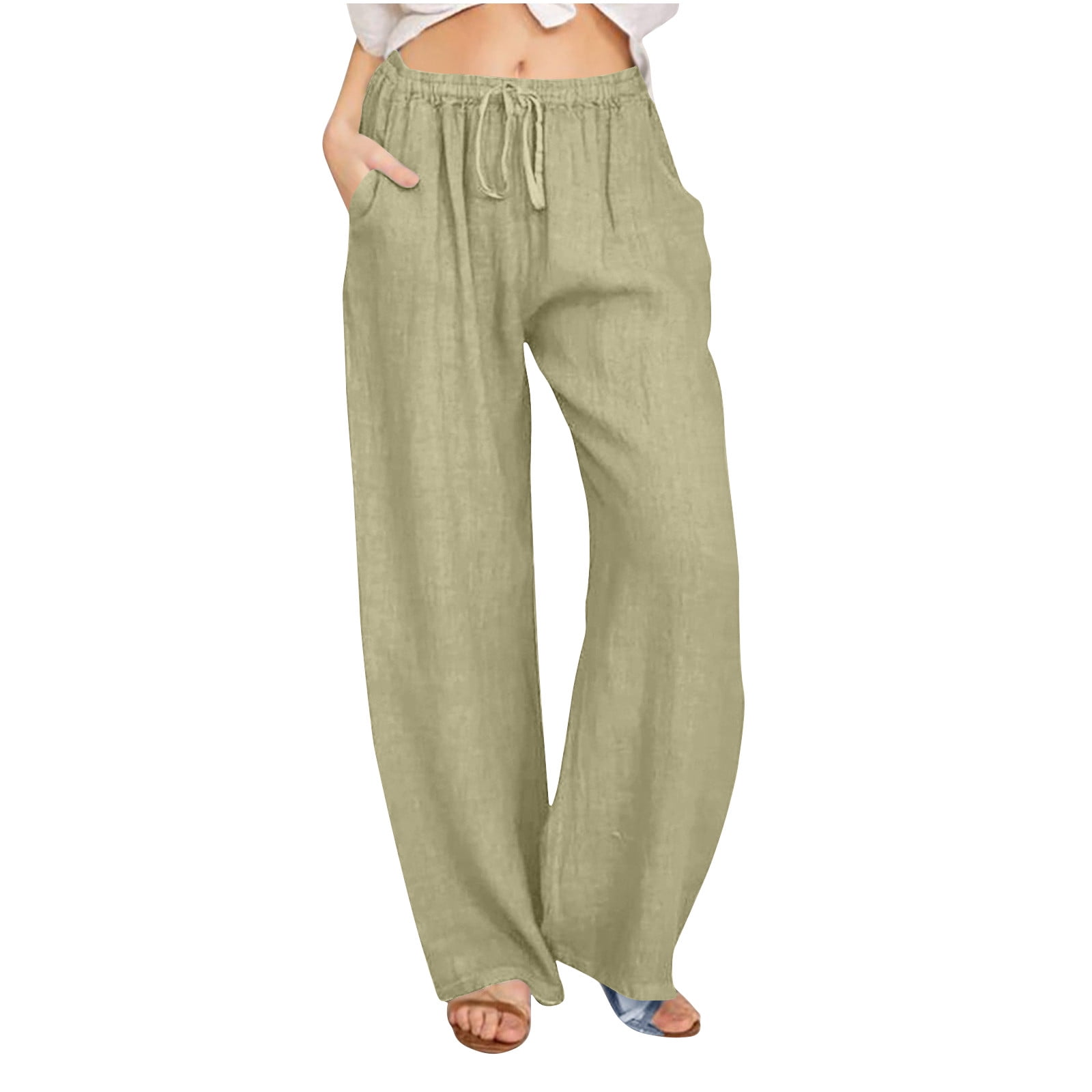 AherBiu Cotton Linen Pants for Women Lightweight Wide Leg High Waisted ...
