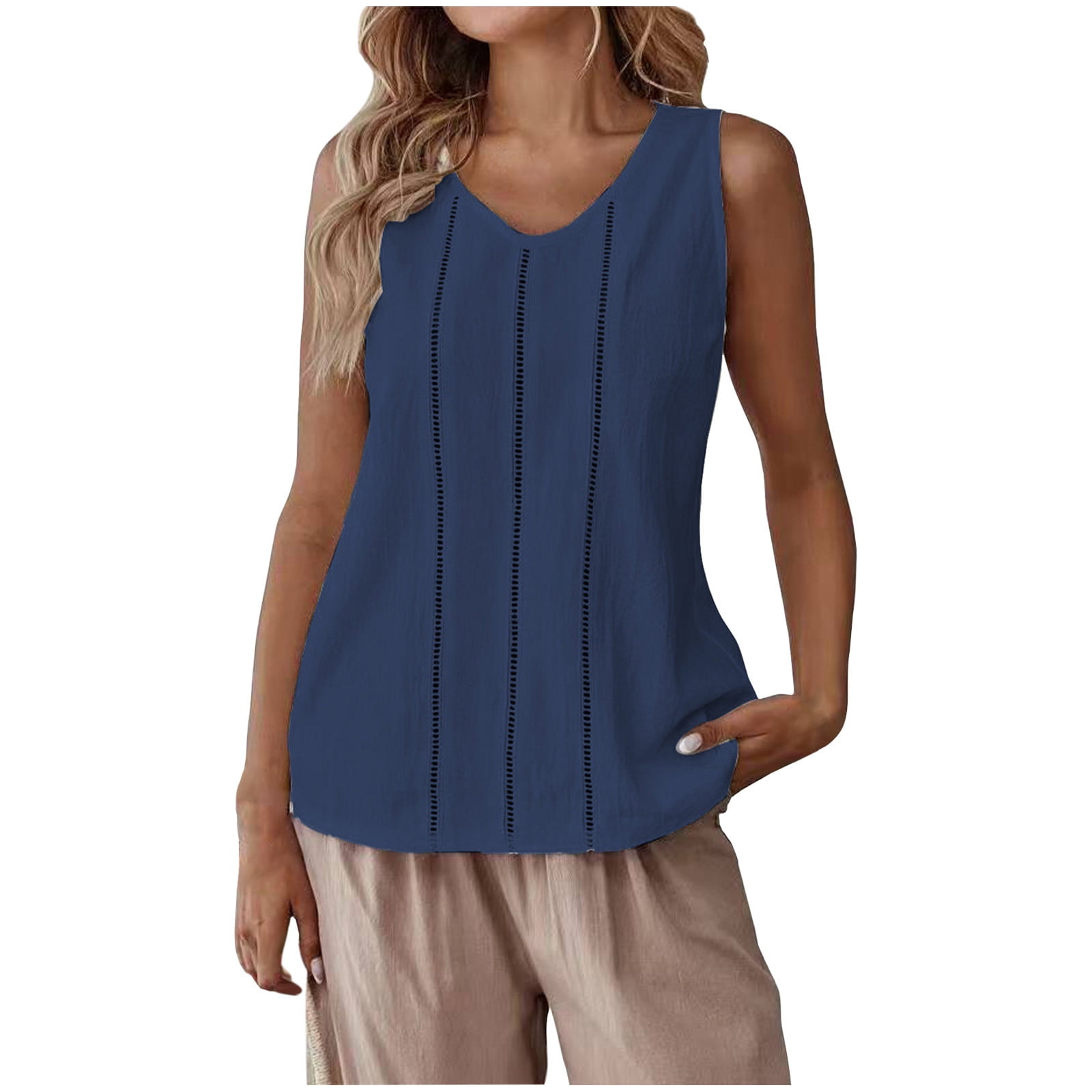 AherBiu Cotton Linen Tank Tops for Women Eyelet V Neck Sleeveless Shirt ...