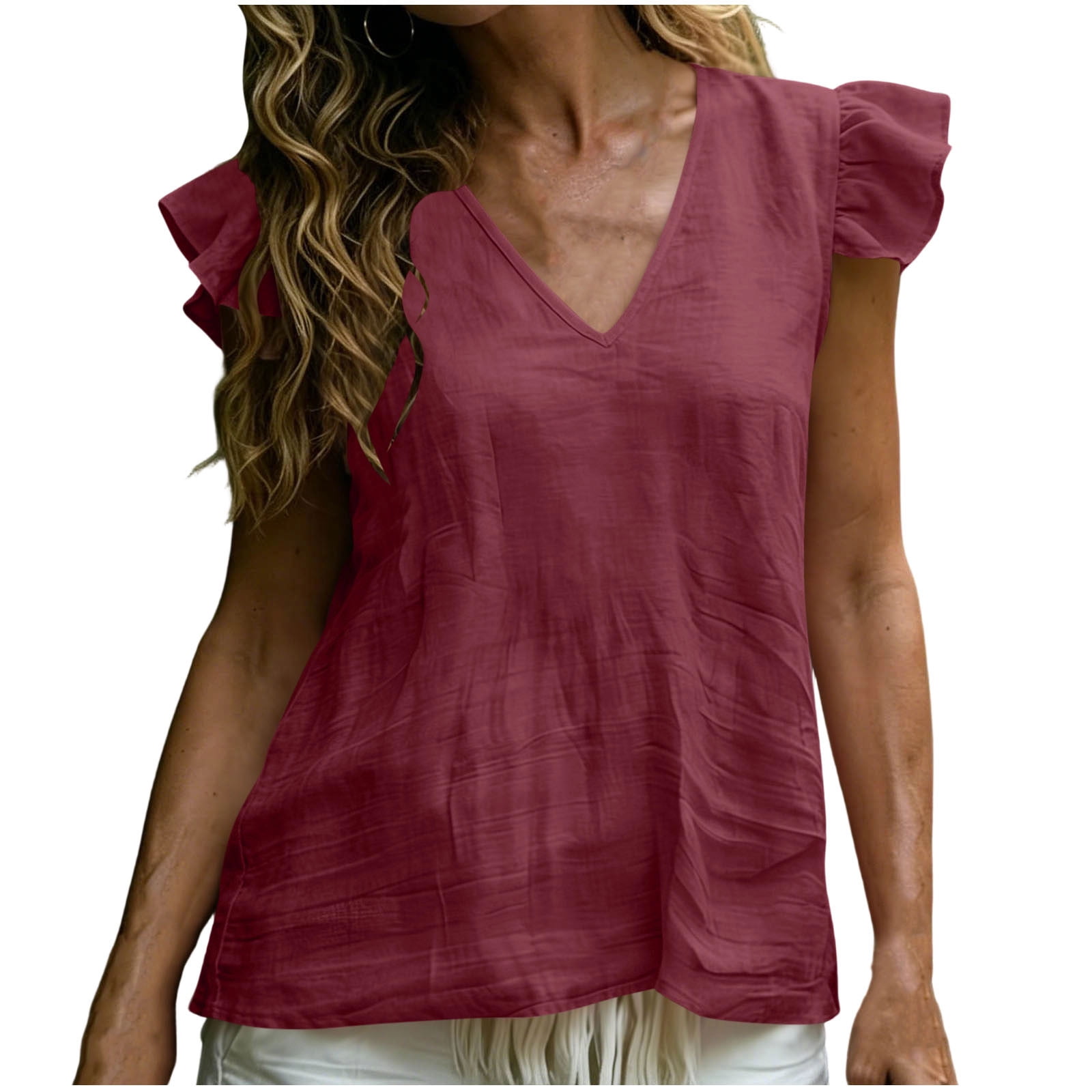 AherBiu Cotton Linen Tank Tops for Women Ruffle Shoulder Sleeveless V ...