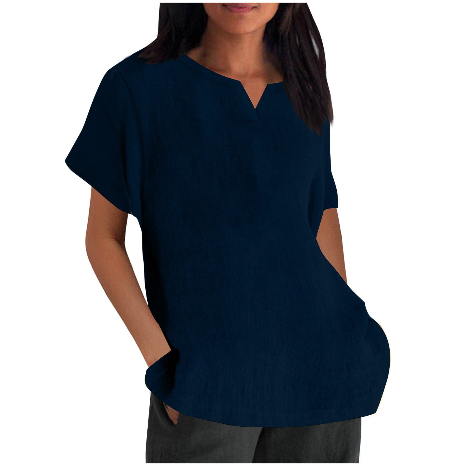 AherBiu Cotton Linen Tops for Women Notch V Neck Summer Lightweight Short Sleeve Casual Loose ...