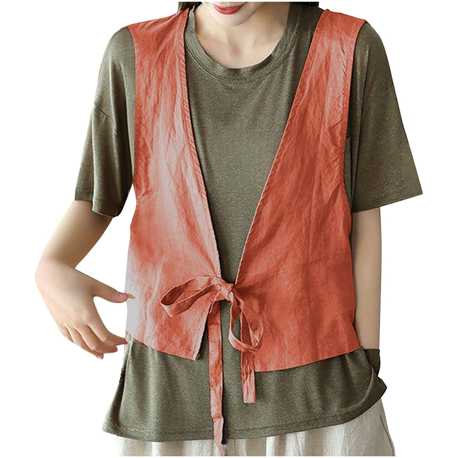 AherBiu Cotton Linen Tops for Women Open Front Bow-Tie Vests ...