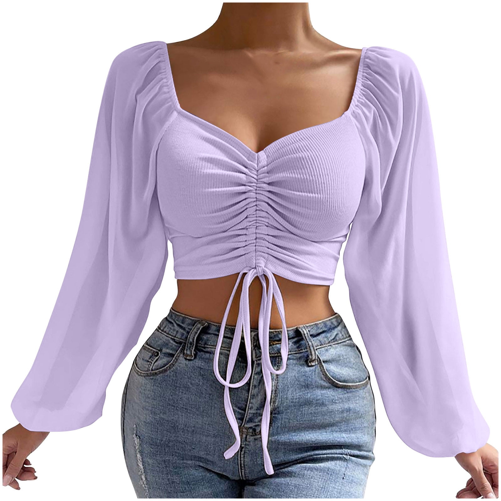 AherBiu Crop Tops for Women Chiffon Lantern Sleeve Ribbed Drawstring ...