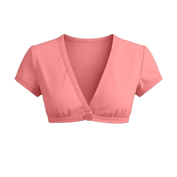 AherBiu Crop Tops for Women Short Sleeve Button Open Front Deep V Neck ...
