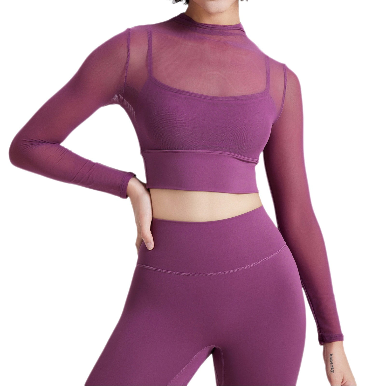 AherBiu Crop Tops for Women Yoga Top with Built in Bra Mesh Stitching ...