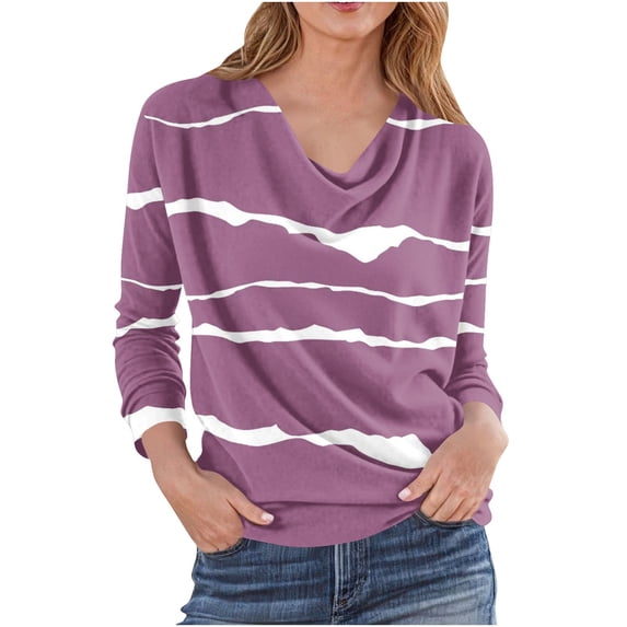 AherBiu Fall Tops for Women Long Sleeve Cowl Neck Striped Casual Loose ...