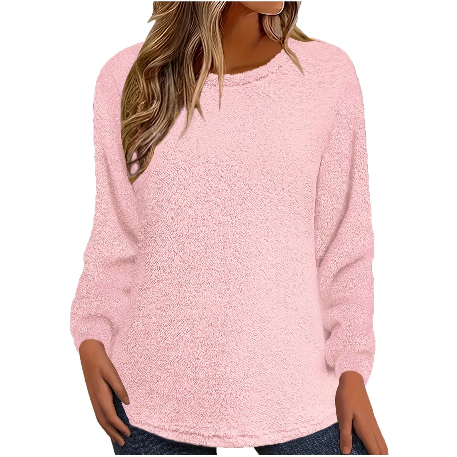 AherBiu Fleece Tops for Women Crewneck Long Sleeve Thermal Warm ...