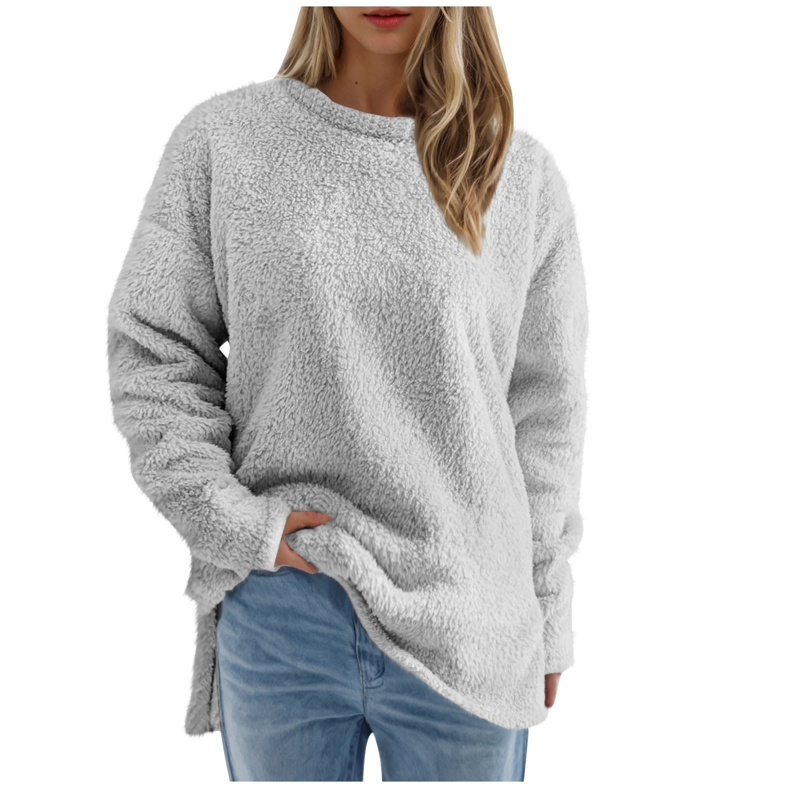 AherBiu Fleece Tops for Women Plush Fuzzy Warm Pajamas Tops Crewneck Long Sleeve Homewear Winter ...