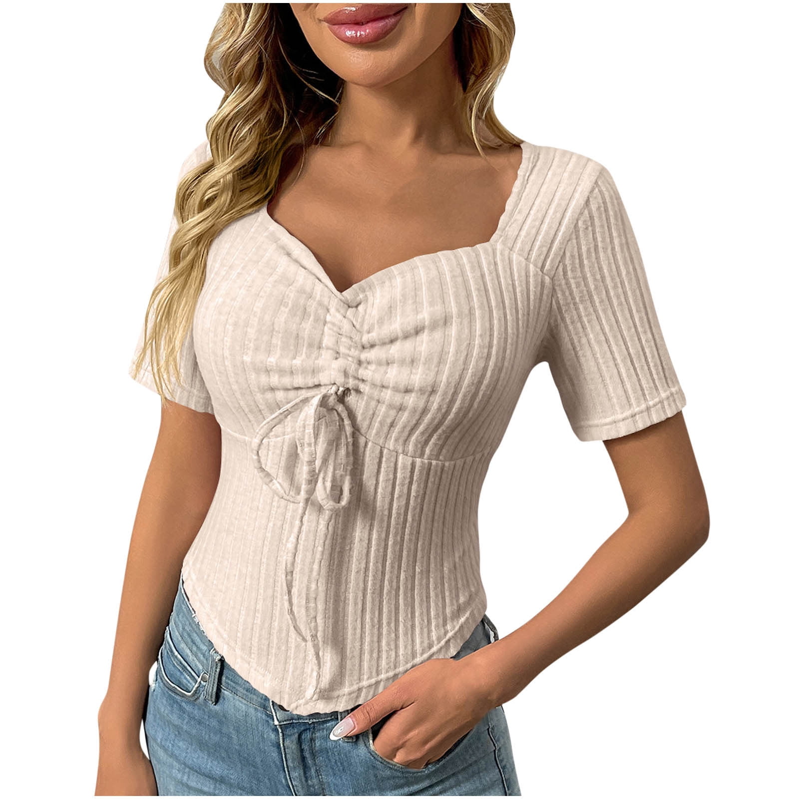AherBiu Going out Tops for Women Drawstring Square Neck Low Cut Short ...