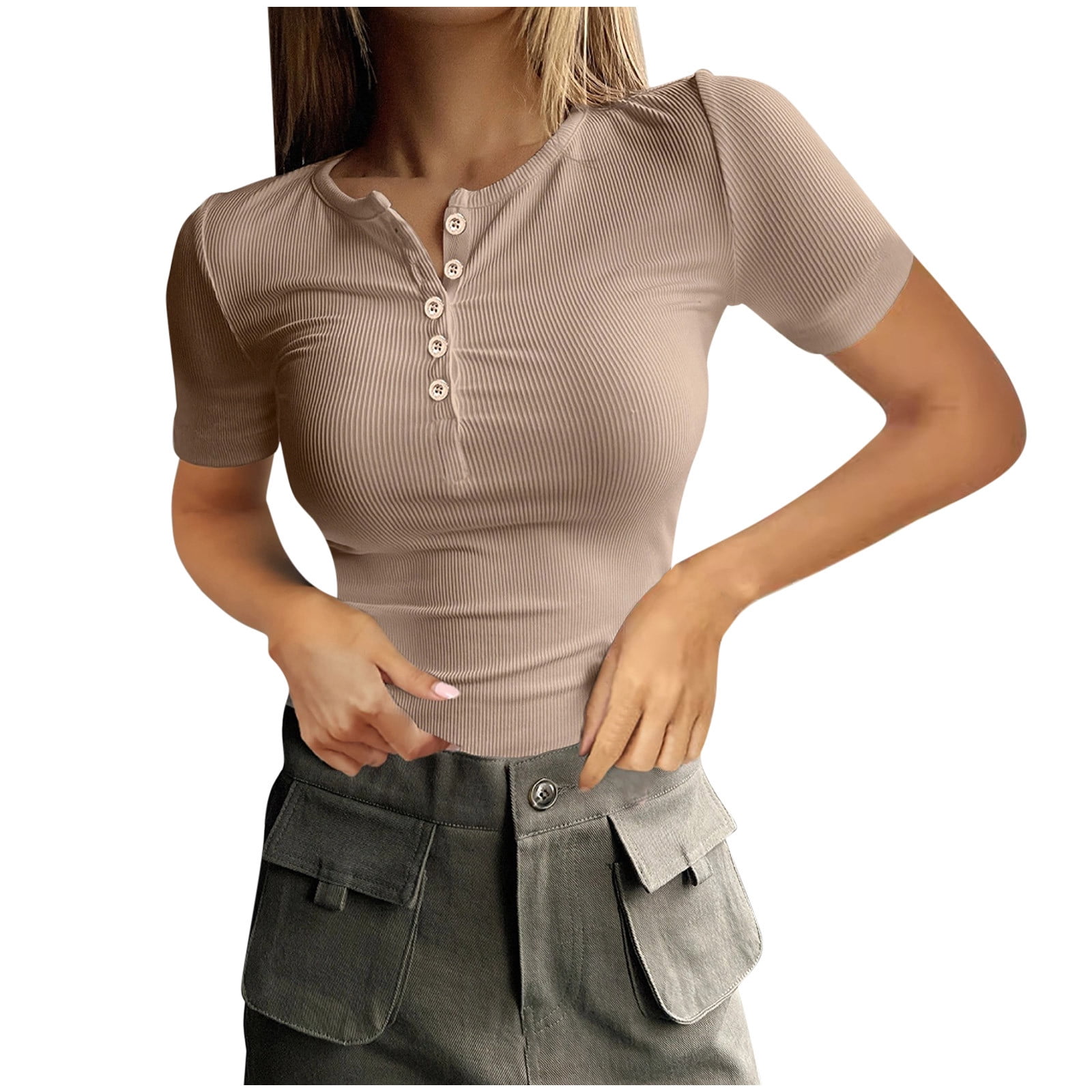 AherBiu Going out Tops for Women Short Sleeve Quarter Button Notch V Neck Ribble Knitted Slim ...