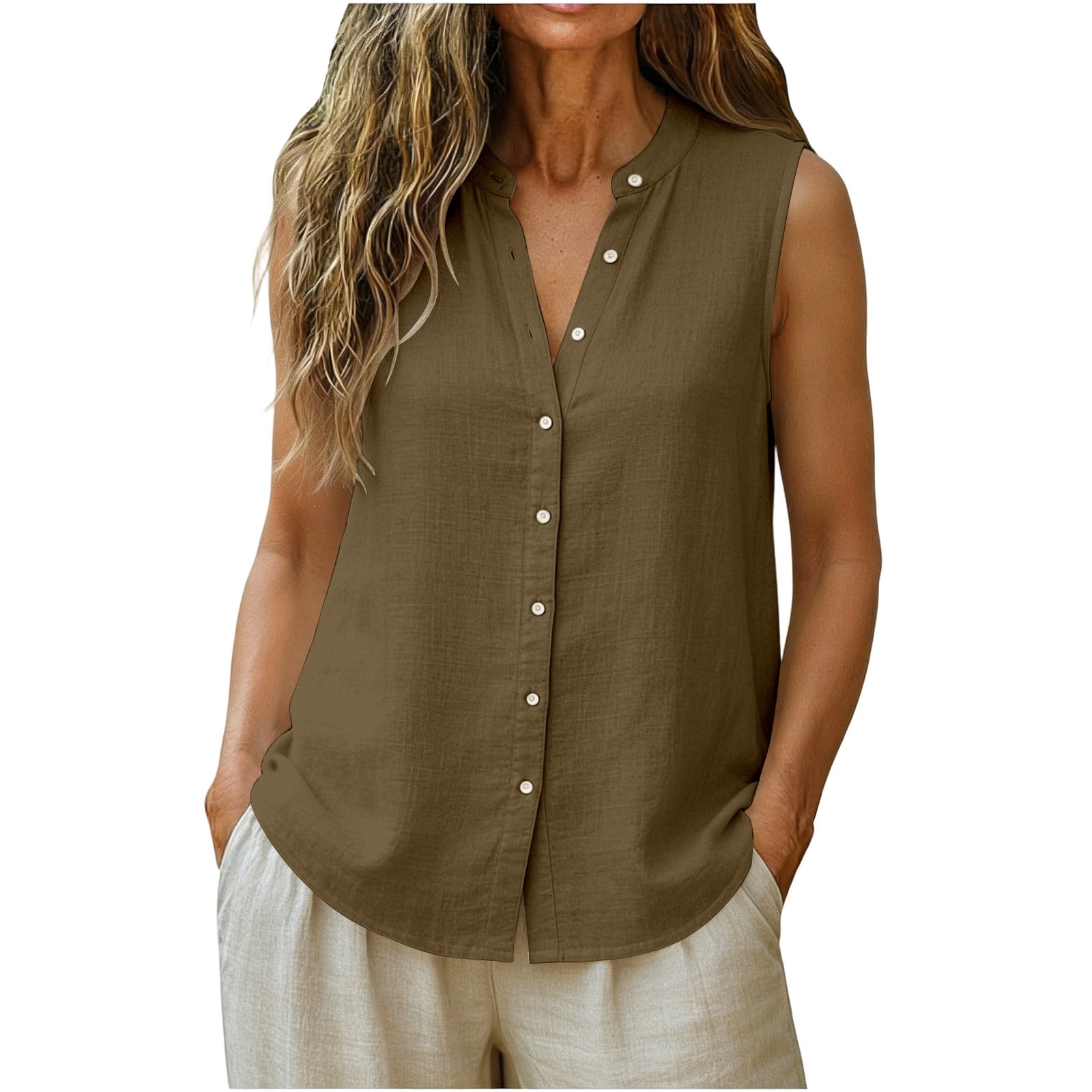 AherBiu Henley Button down Shirt for Women Tank Tops Sleeveless Summer ...