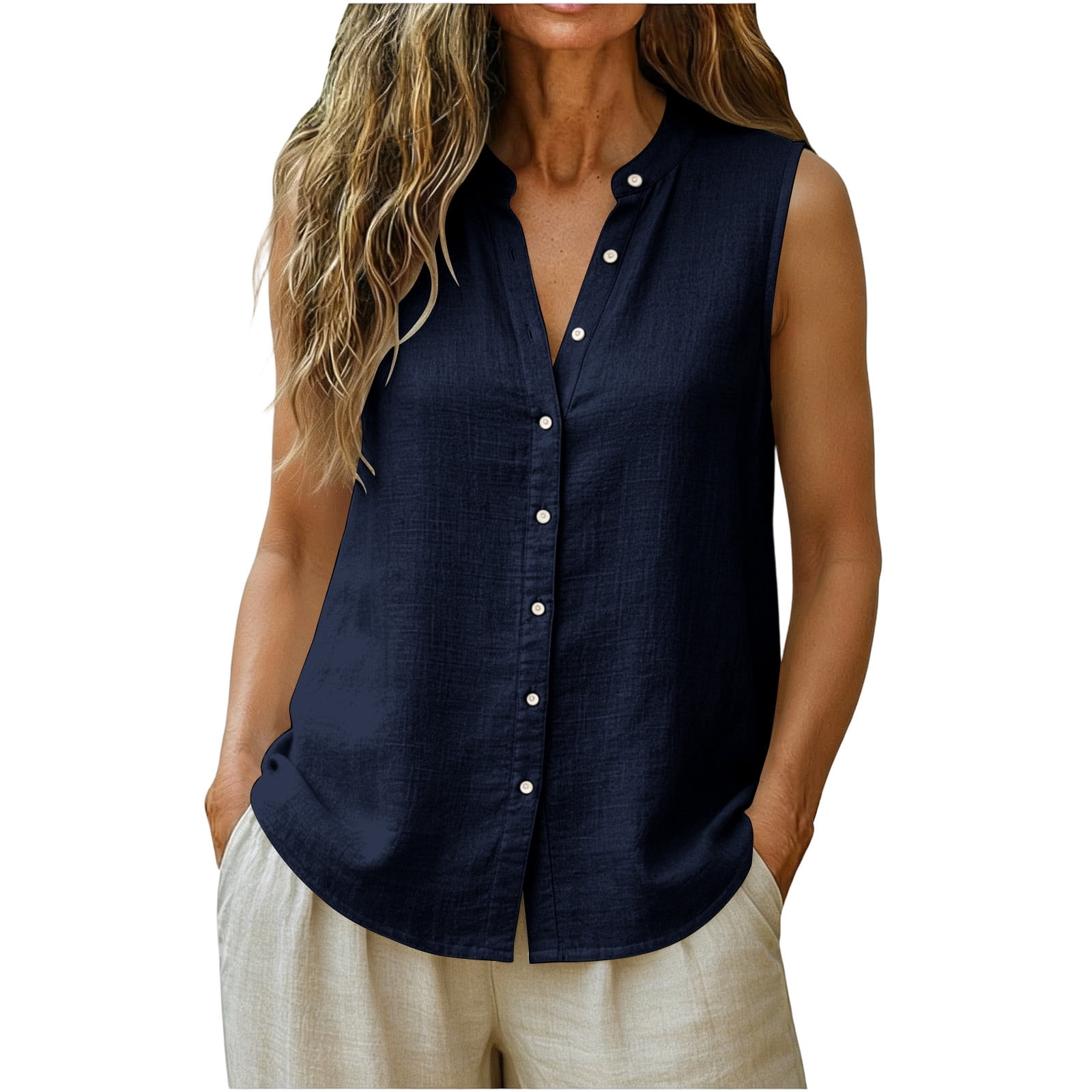 AherBiu Henley Button down Shirt for Women Tank Tops Sleeveless Summer ...