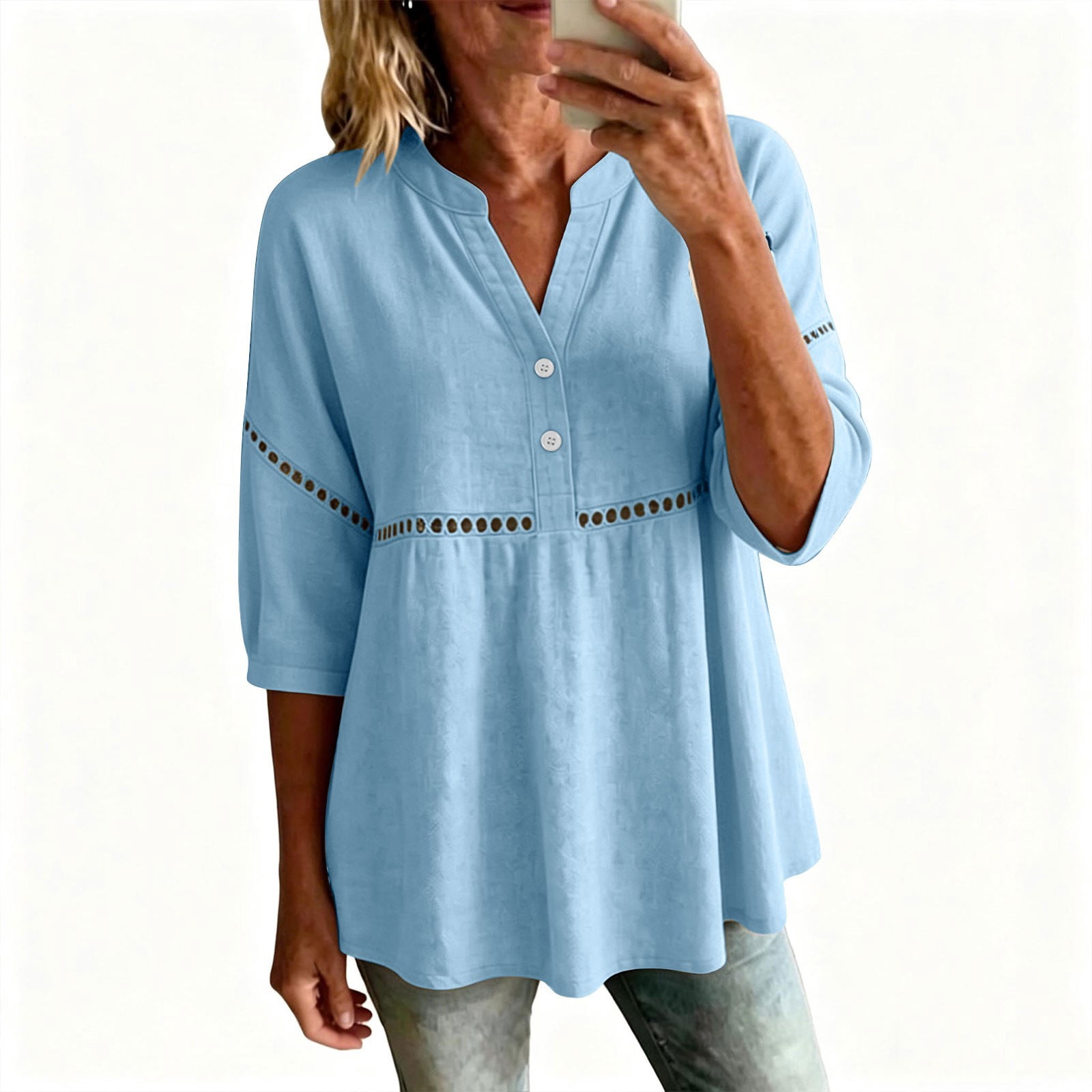 AherBiu Henley Shirt for Women Button Notch V Neck 1/2 Sleeve Cutout ...