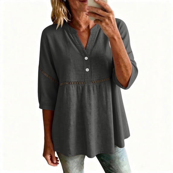 AherBiu Henley Shirt for Women Button Notch V Neck 1/2 Sleeve Cutout ...