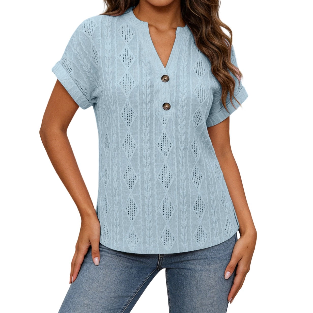 AherBiu Henley Shirt for Women Short Sleeve Tops Button Notch V Neck ...