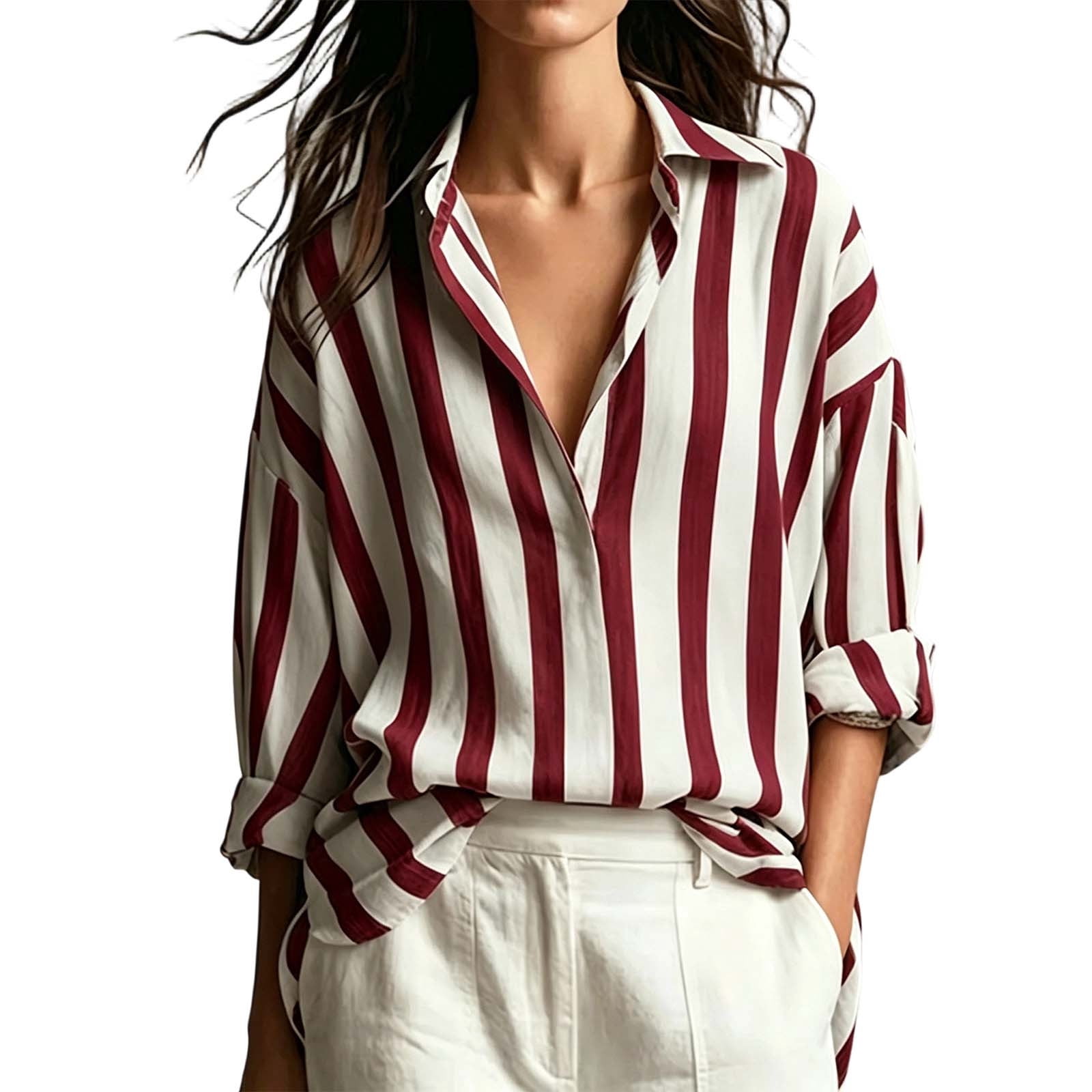 AherBiu Henley Tops for Women Long Sleeve Striped Lapel V Neck Loose ...