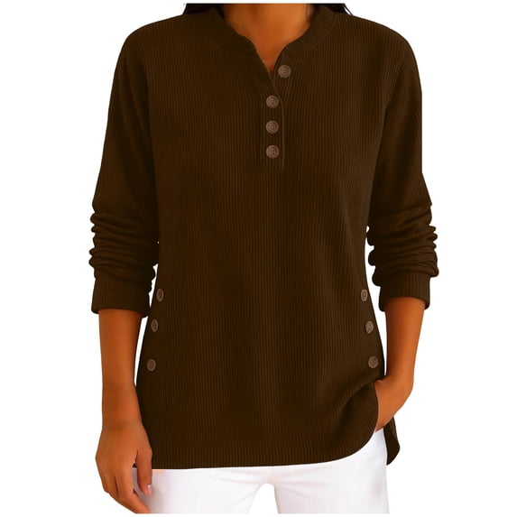 AherBiu Long Sleeve Tops for Women Corduroy Henley Button V Neck ...
