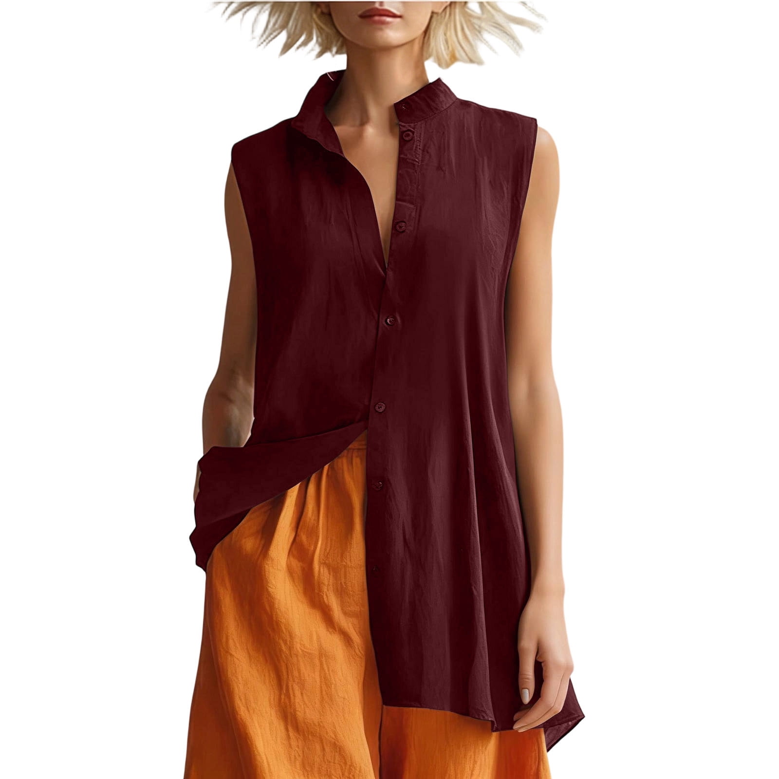 AherBiu Long Tank Tops for Women Button down Shirt Sleeveless Stand ...