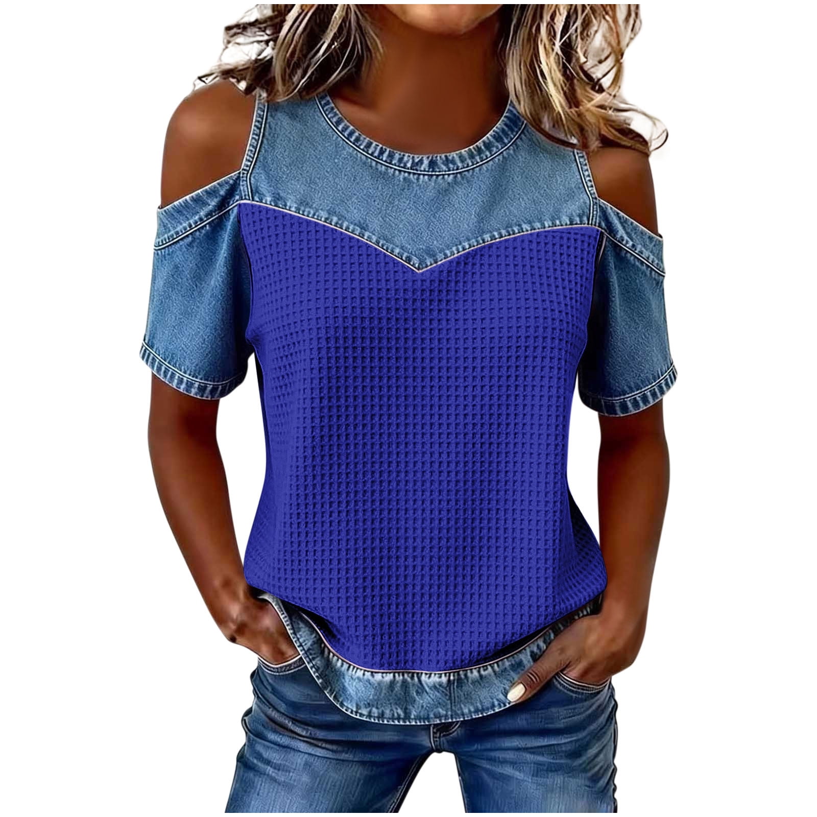 AherBiu Off Shoulder Tops for Women Denim Patchwork Crewneck Short ...