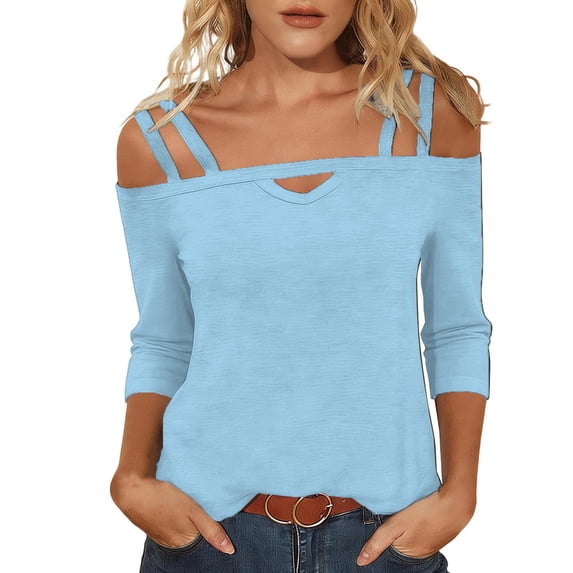 AherBiu Off Shoulder Tops for Women Keyhole Square Neck 3/4 Sleeve ...