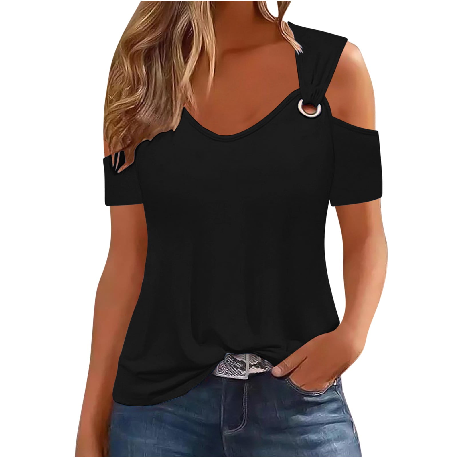AherBiu Off Shoulder Tops for Women Short Sleeve V Neck Low Cut Summer ...