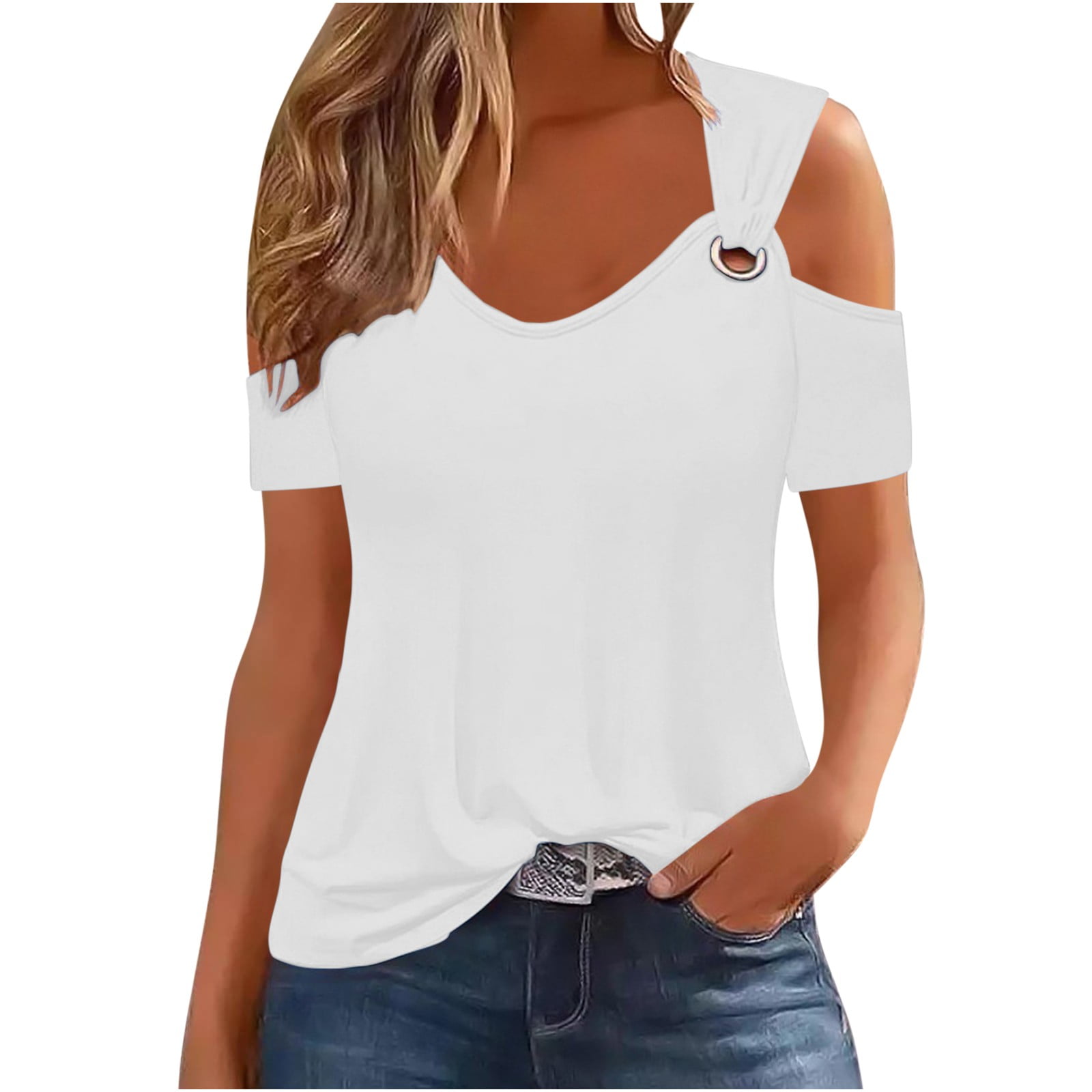 AherBiu Off Shoulder Tops for Women Short Sleeve V Neck Low Cut Summer Casual Loose Tunic Shirts ...