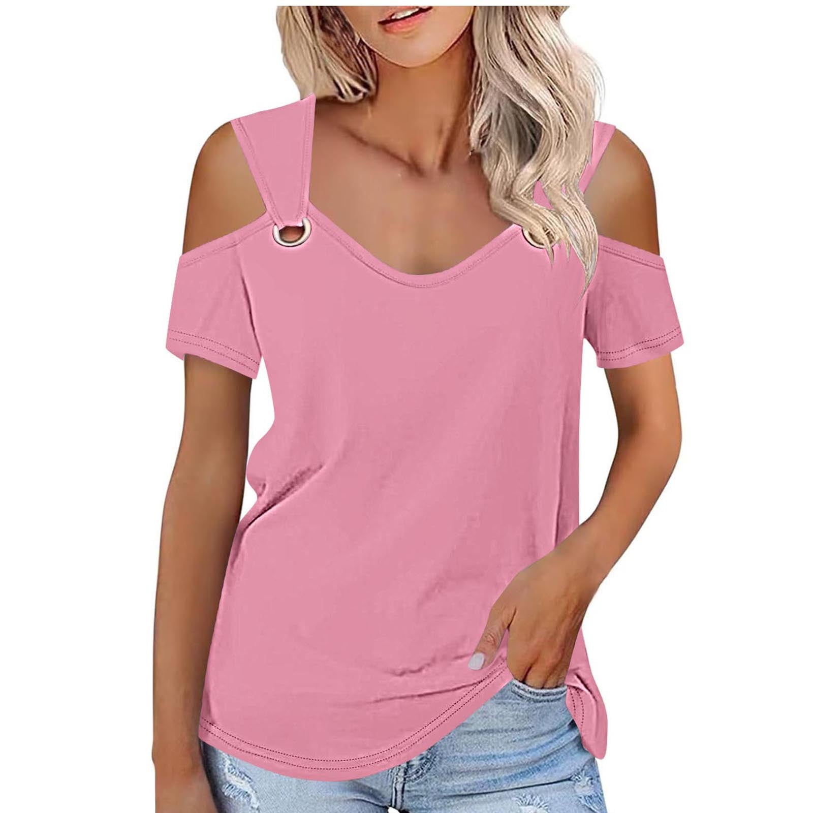 AherBiu Off Shoulder Tops for Women Short Sleeve V Neck Low Cut Summer ...