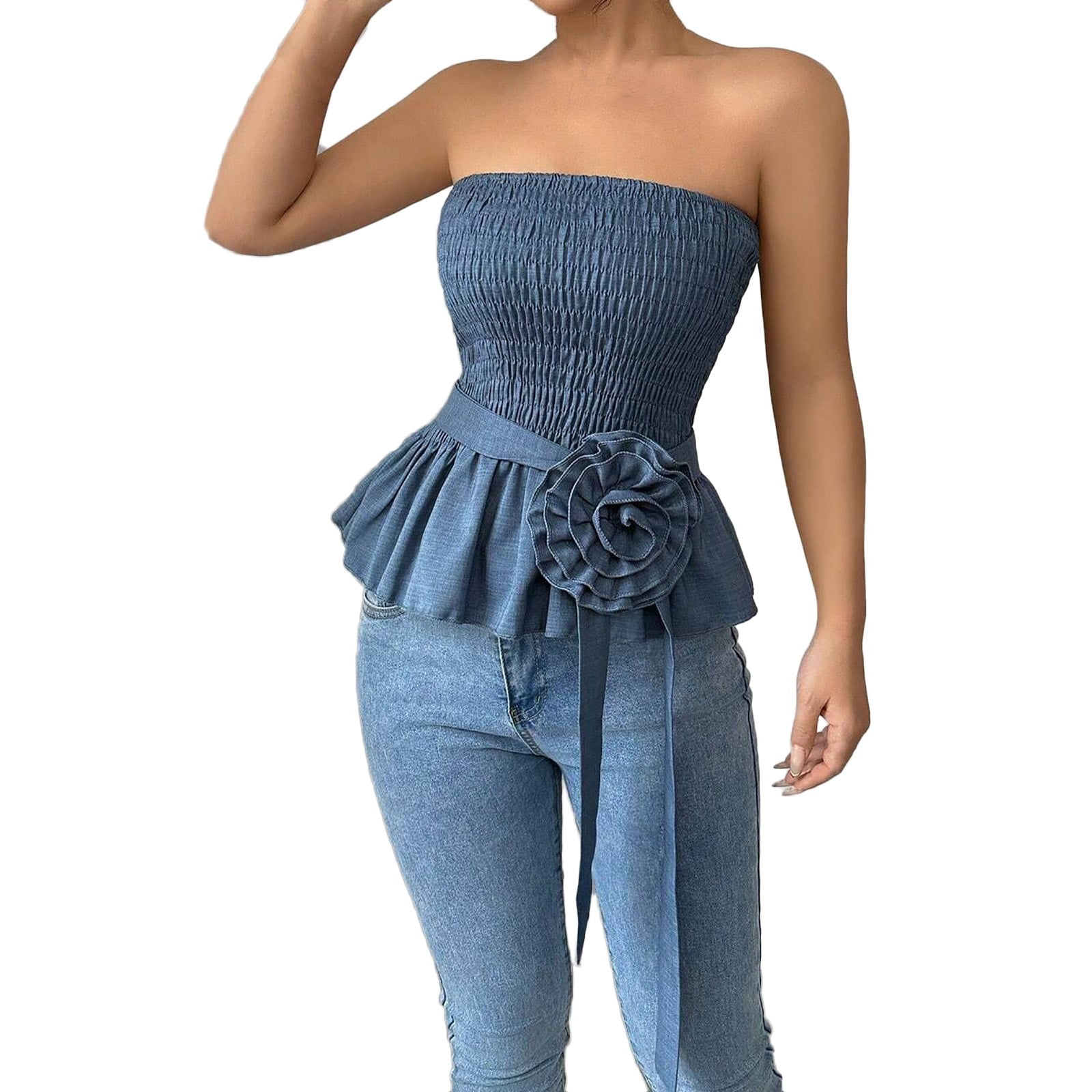 AherBiu Off Shoulder Tops for Women Sleeveless Smocked Ruffle Tank Tops ...