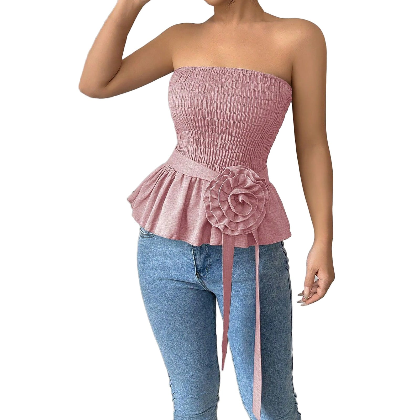 AherBiu Off Shoulder Tops for Women Sleeveless Smocked Ruffle Tank Tops ...