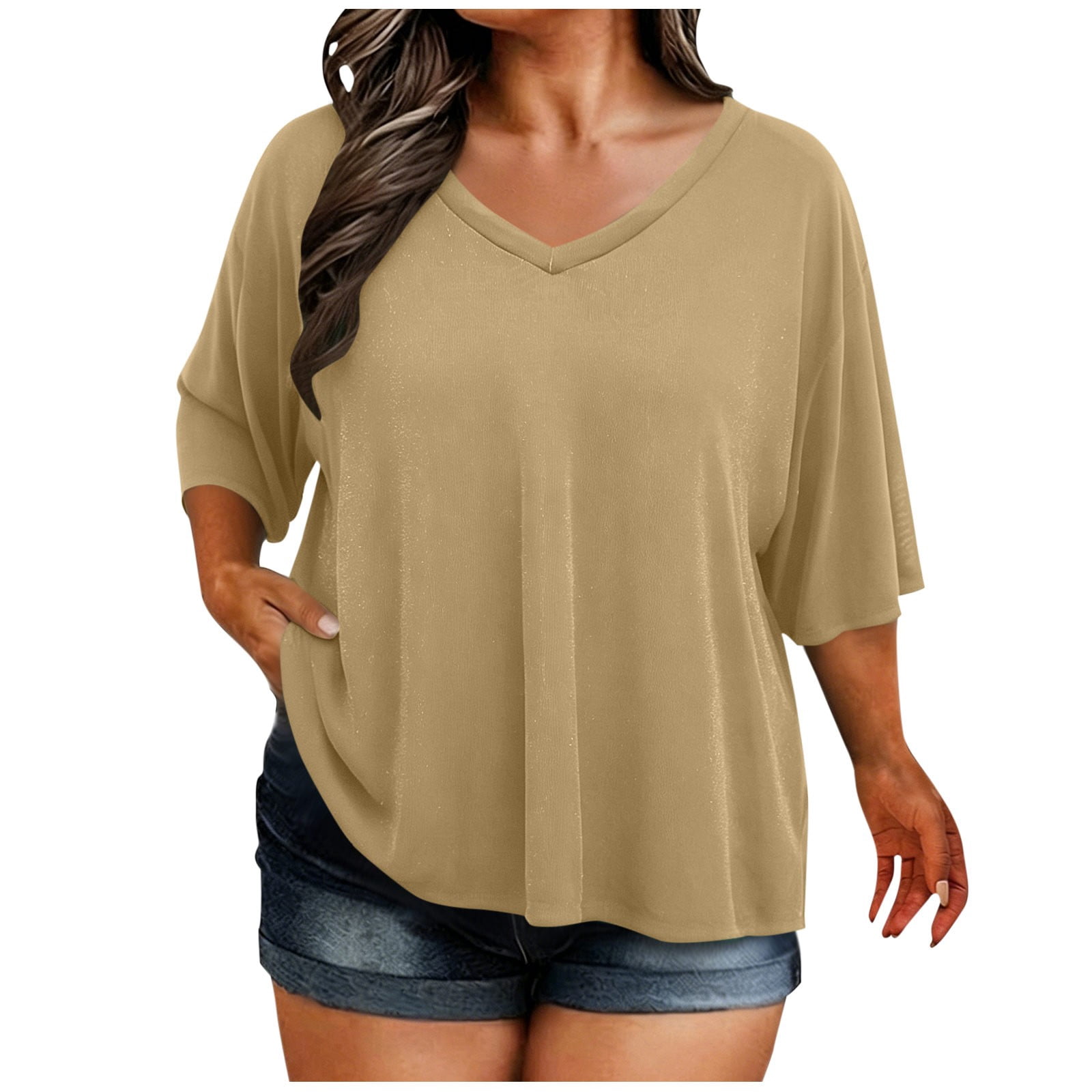 AherBiu Oversized Tops for Women Plus Size V Neck Short Sleeve Summer ...