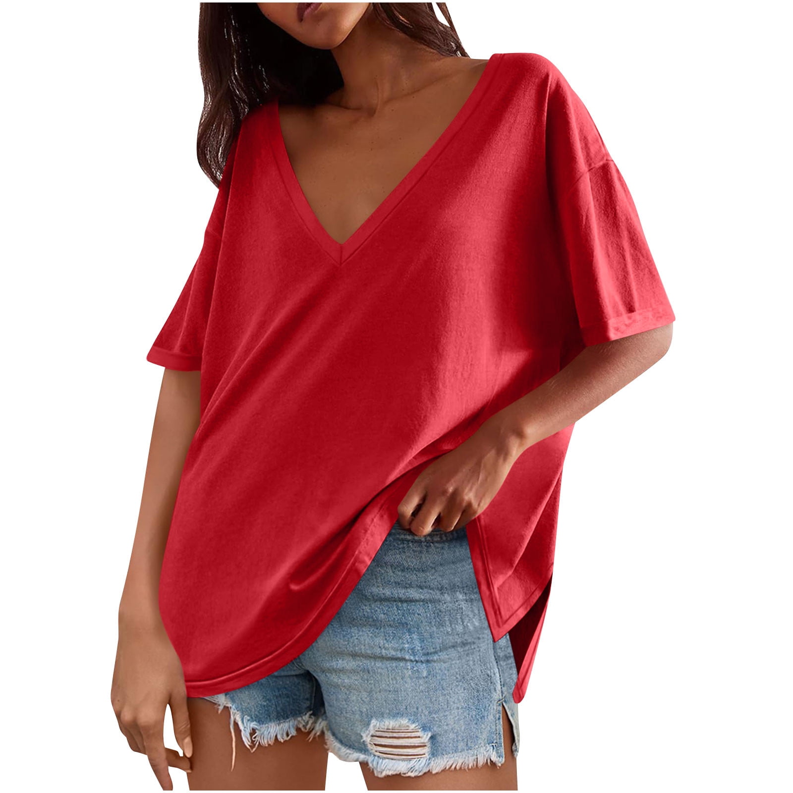 AherBiu Oversized Tops for Women V Neck Short Sleeve Summer Casual Loose Top Tees Tshirts ...