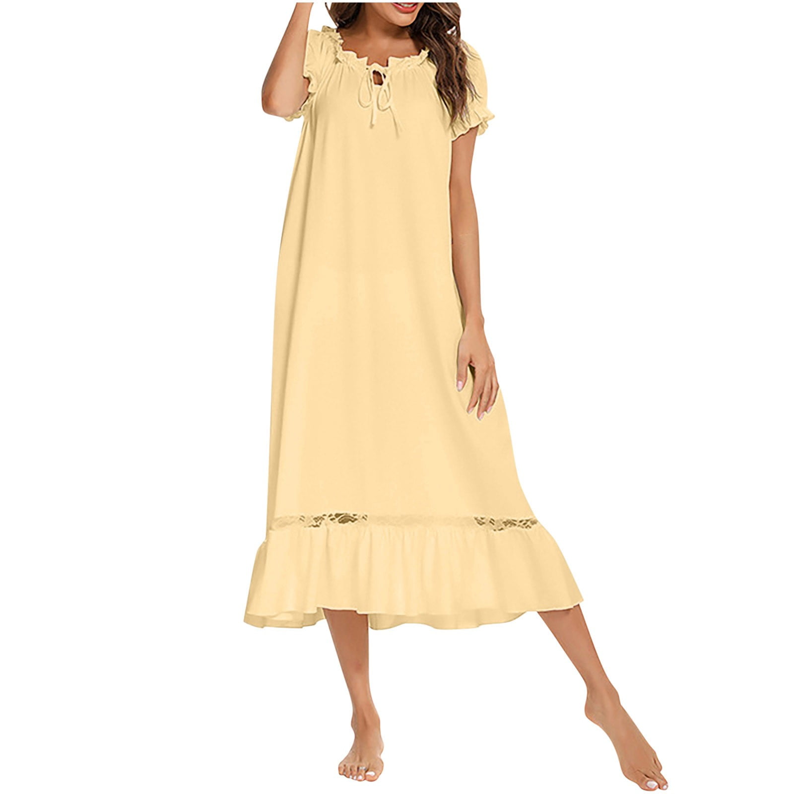 AherBiu Pajama Dresses for Women Short Sleeve Drawstring Neck Long ...