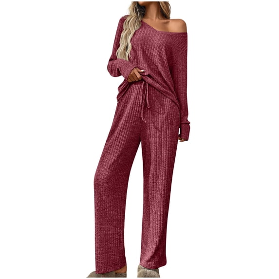 AherBiu Pajamas for Women Ribble Knitted 2 Piece Pants Set Long Sleeve ...