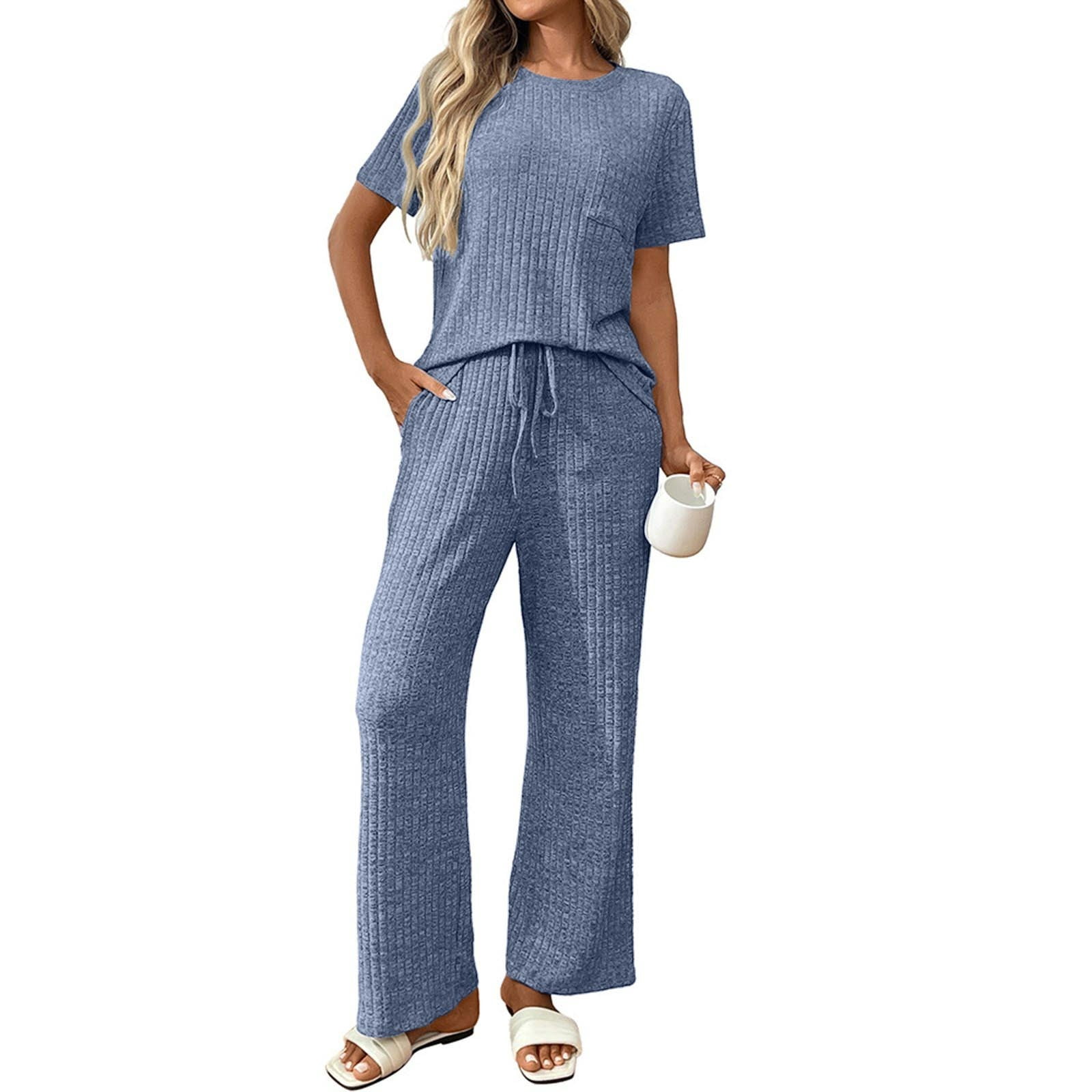 AherBiu Pajamas for Women Ribble Knitted 2 Piece Short Sleeve Pullover ...