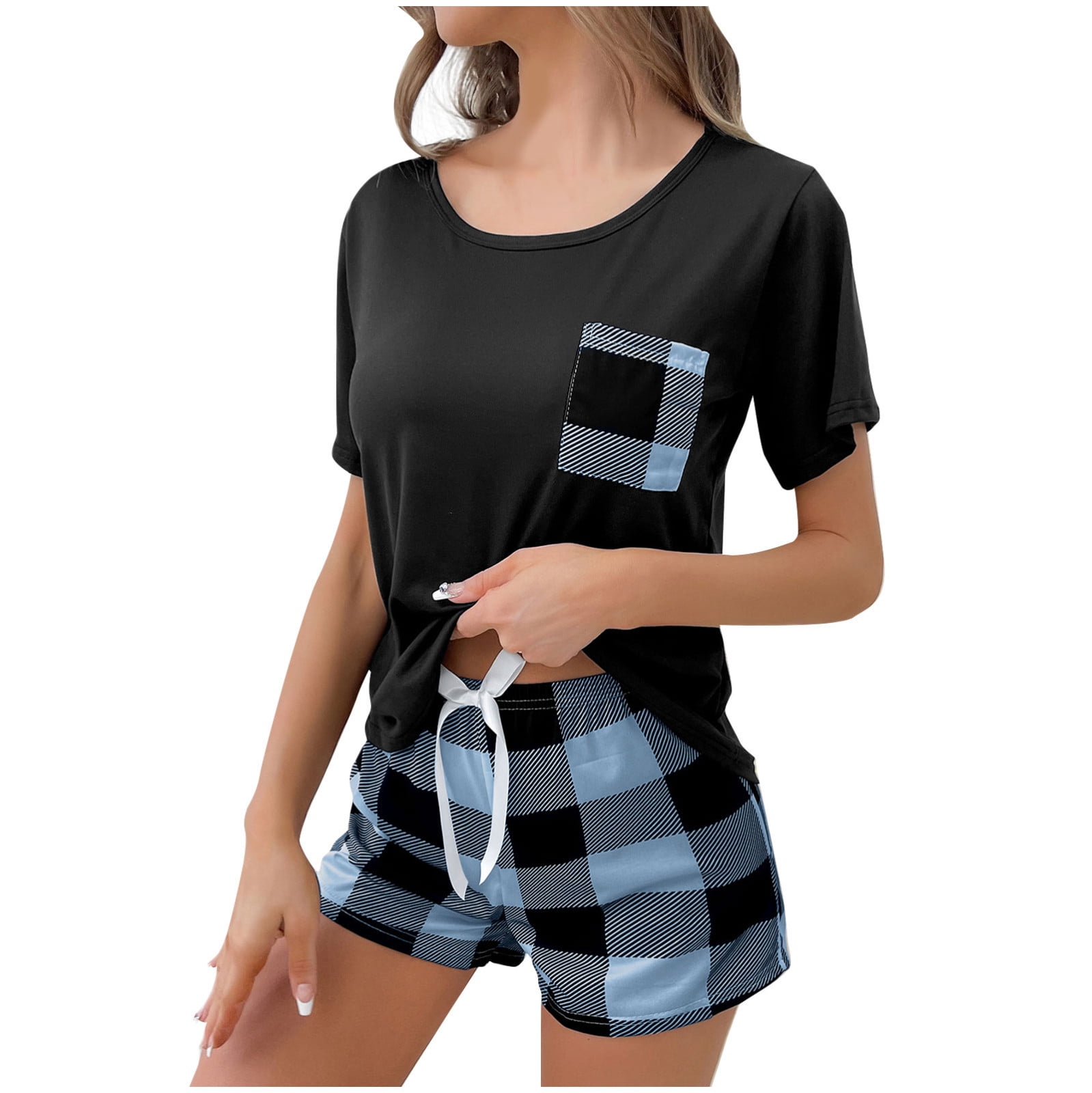 AherBiu Plaid Pajamas for Women Soft Comfy Set Short Sleeve Tops with ...
