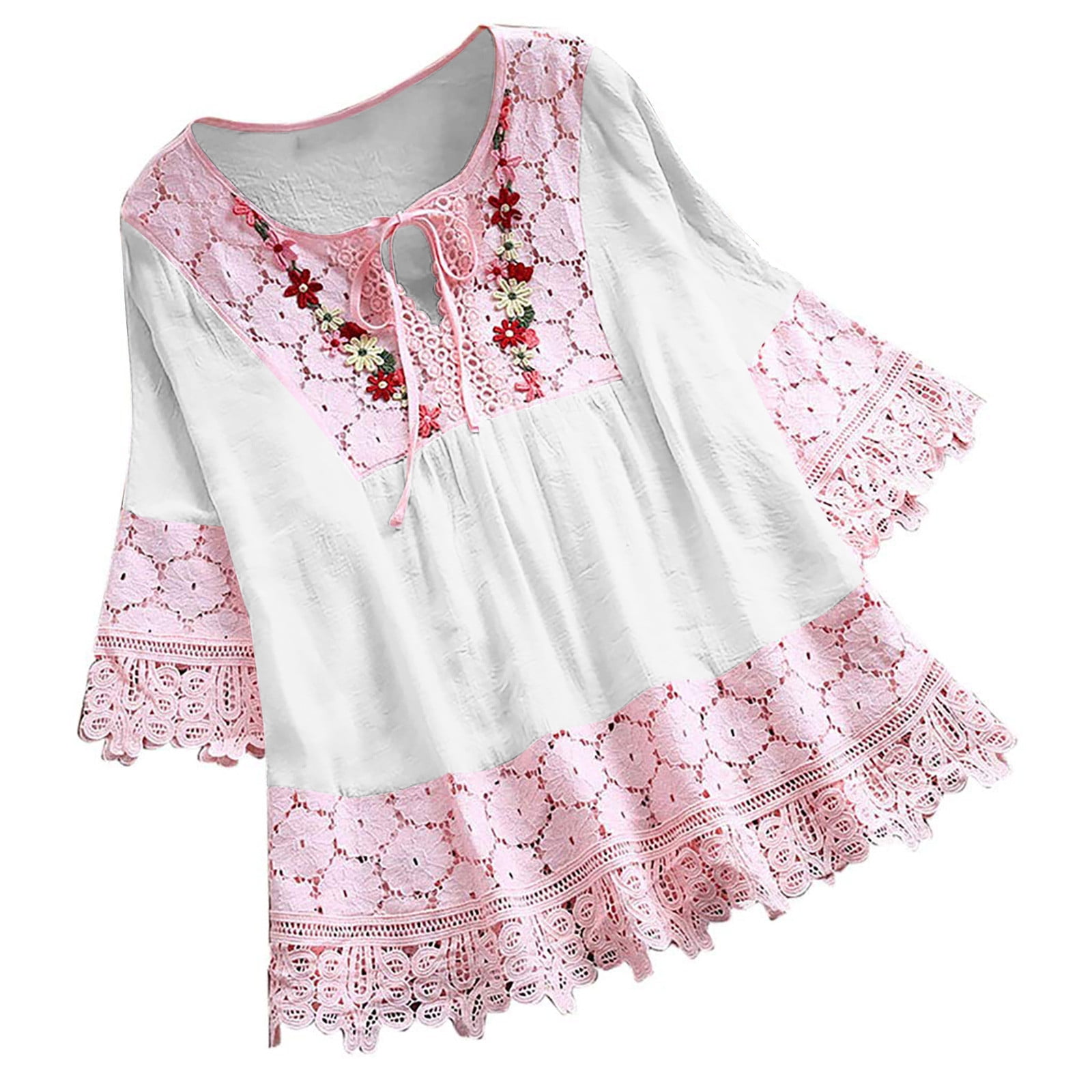 AherBiu Plus Size Boho Shirts for Women Dressy Casual Lace 3/4 Sleeve Tops Keyhole Neck Ruffle ...