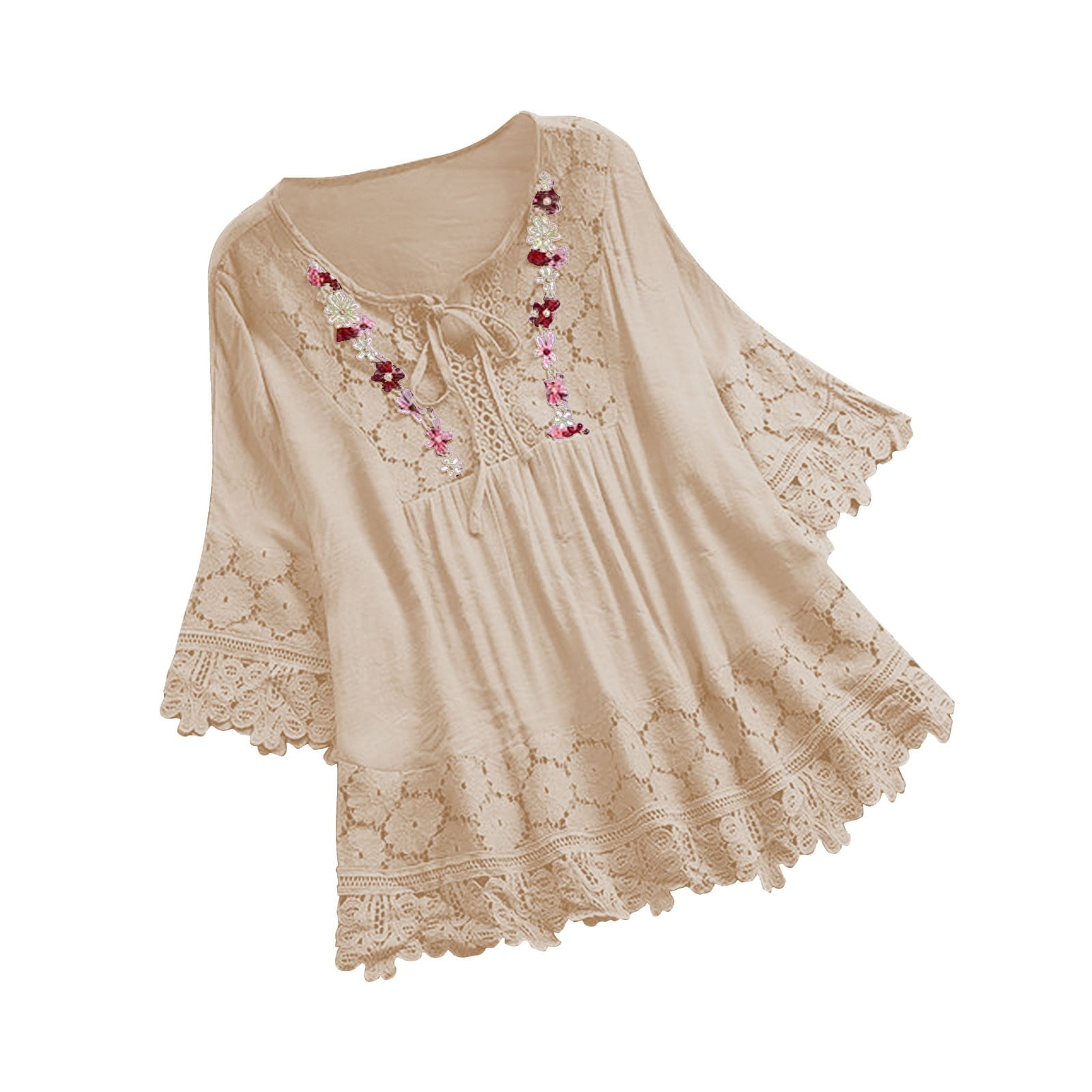 AherBiu Plus Size Boho Tops for Women Cotton Linen Lace Hollow out ...
