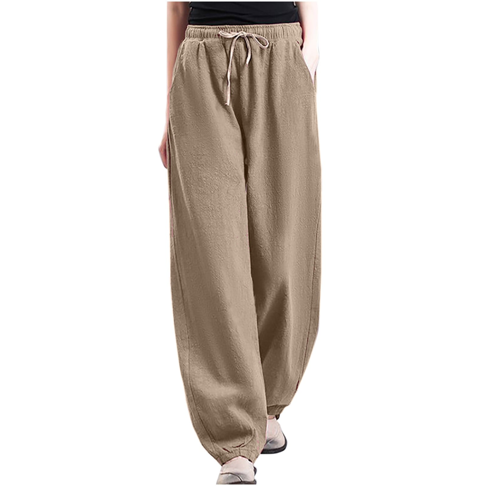 AherBiu Plus Size Cotton Linen Pants for Women Baggy Loose High Waisted ...