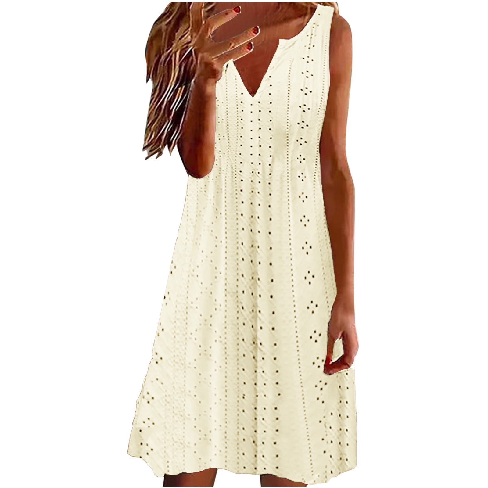 AherBiu Plus Size Dresses for Women Sleeveless V Neck Eyelet Short Dress Boho Summer Beach Mini ...