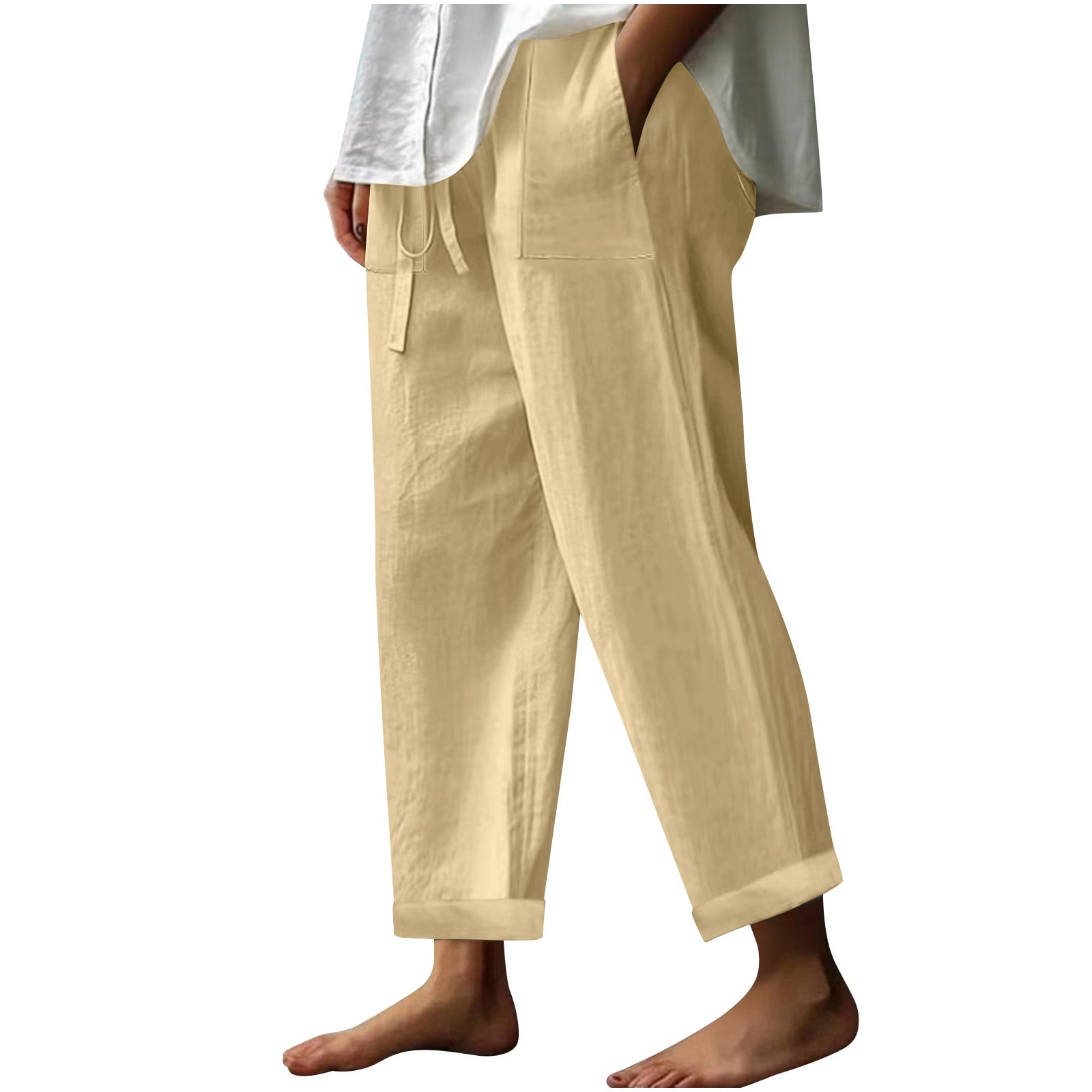 AherBiu Plus Size Pants for Women Cotton Linen Straight Leg High ...