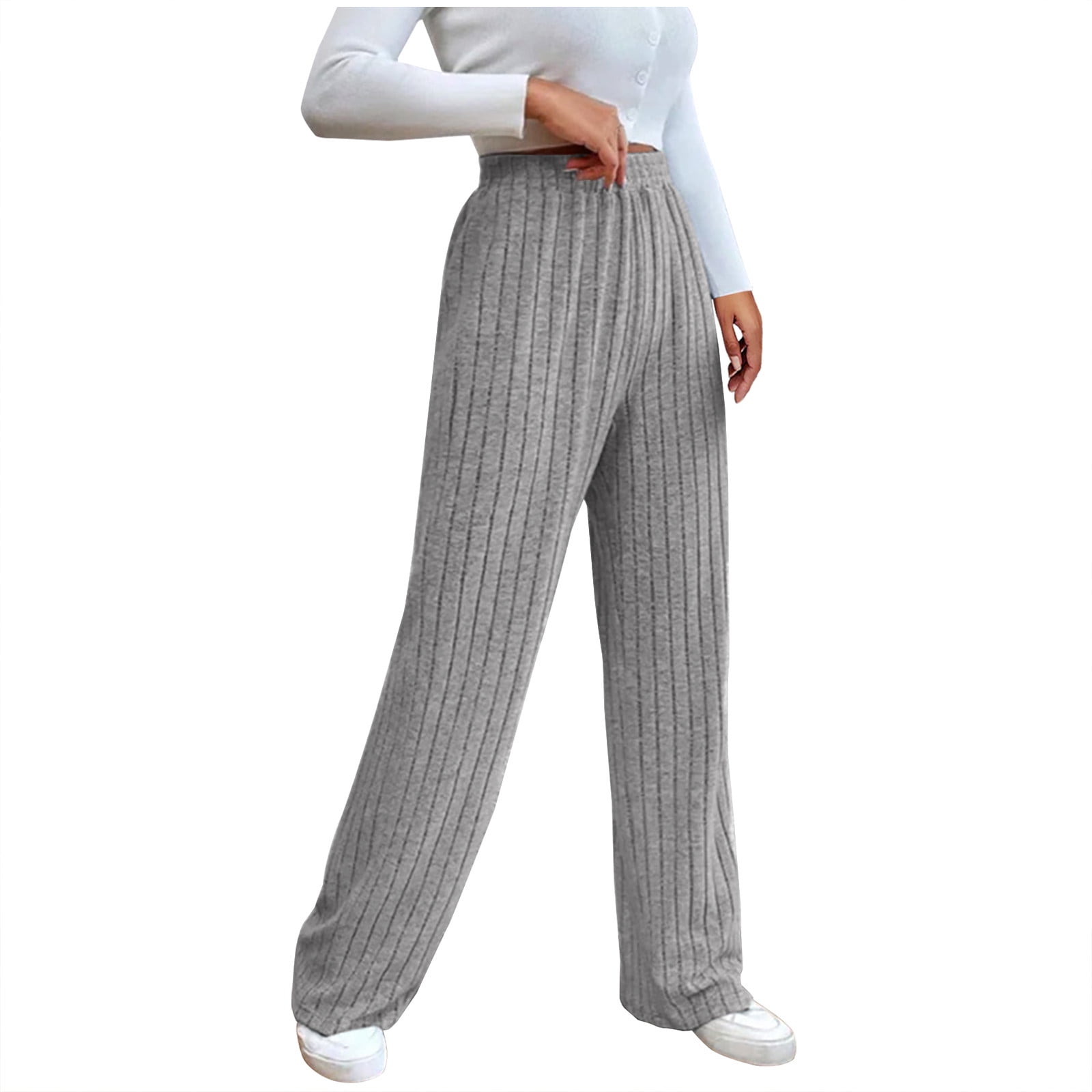 AherBiu Plus Size Ribbed Pants for Women Straight Wide Leg Lounge Pants ...