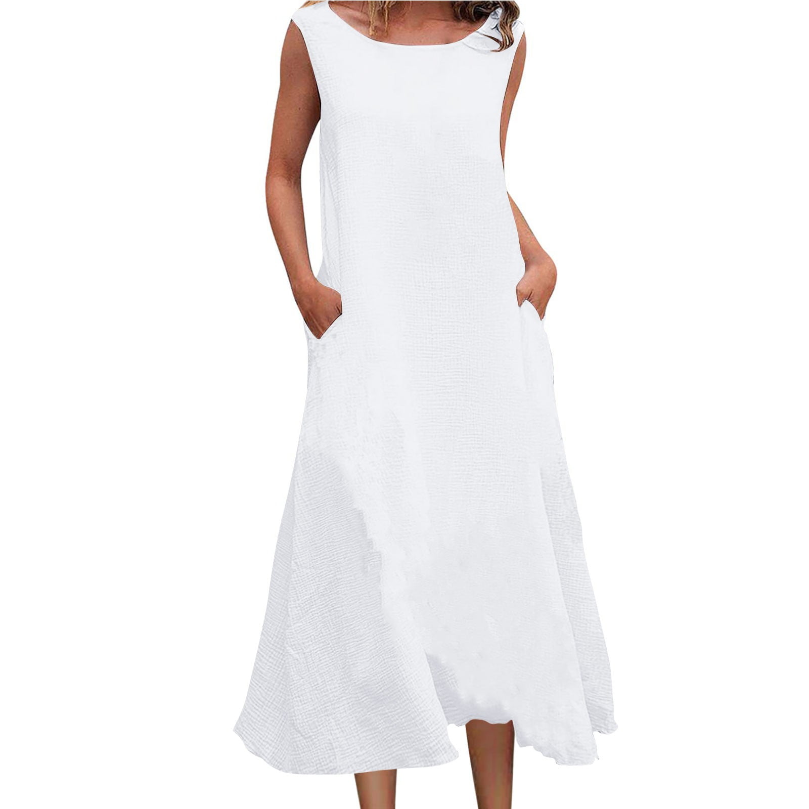 AherBiu Plus Size Sundresses for Women Cotton Linen Scoop Neck ...