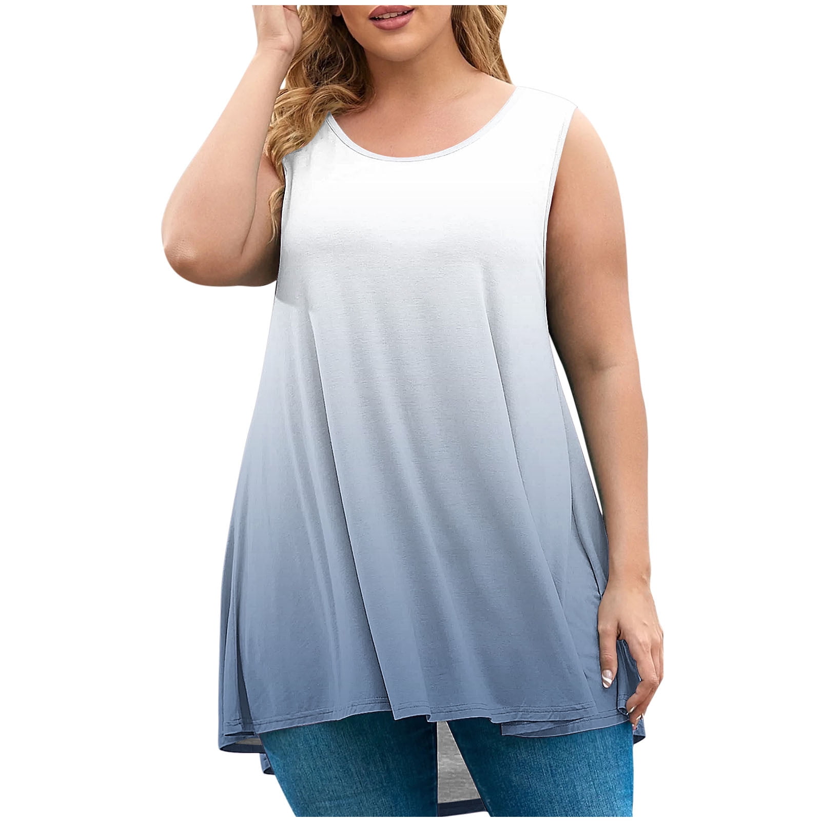 AherBiu Plus Size Tank Tops for Women Gradient Color Crew Neck Sleeveless Tunic Tops to Wear ...