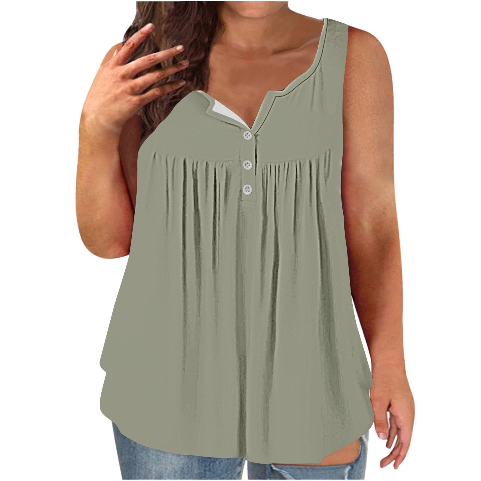 Aherbiu Plus Size Tank Tops For Women Sleeveless Button Round Neck Tunic Tops To Wear With