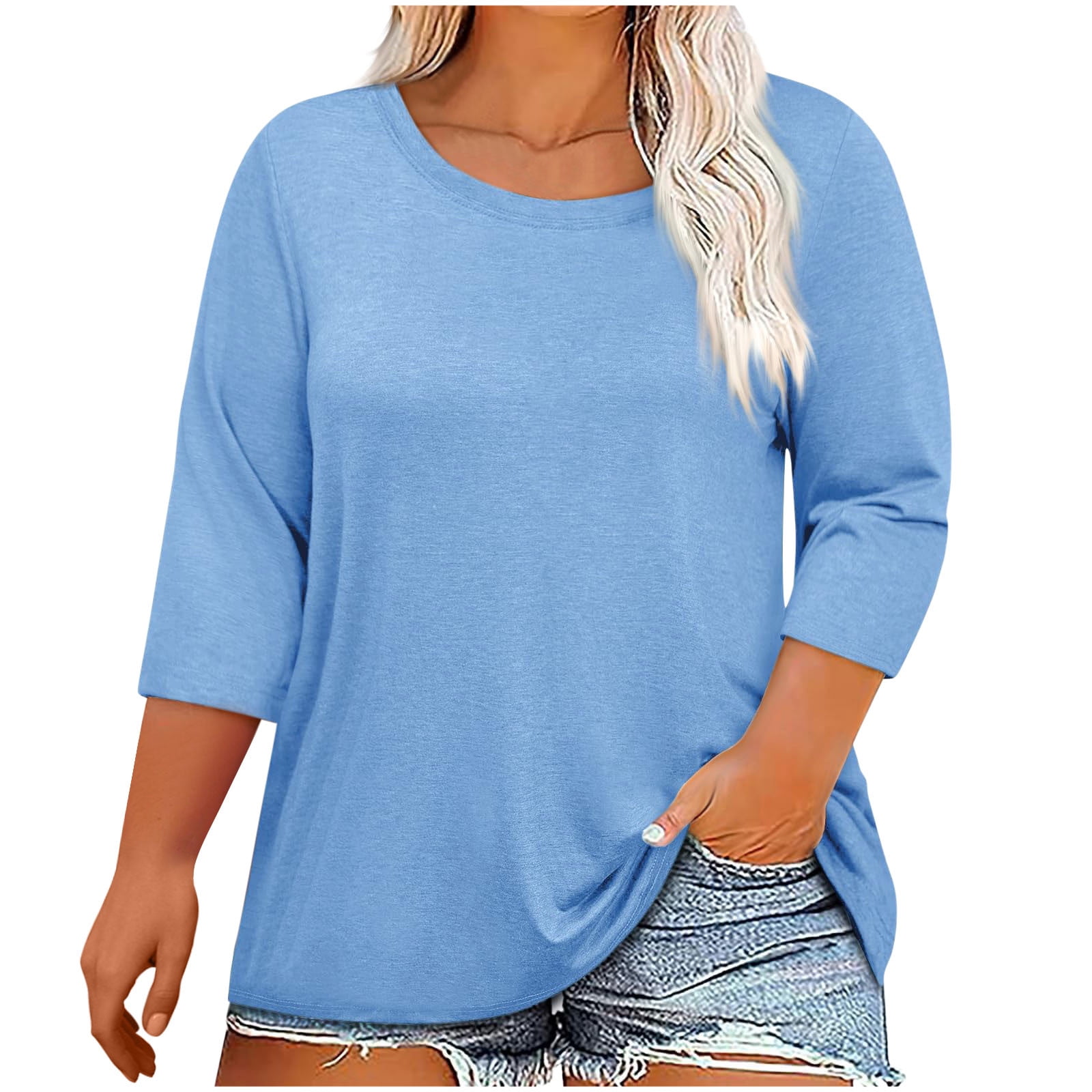 AherBiu Plus Size Tops for Women 3/4 Sleeve Crewneck Comfy Basic Top Tees Summer Casual Loose ...