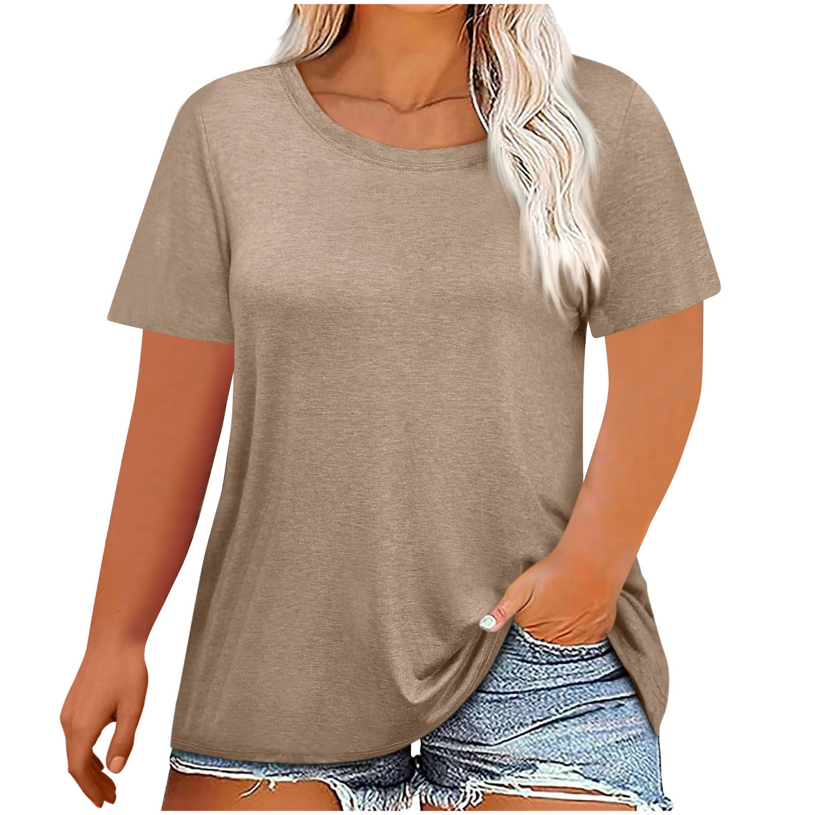 AherBiu Plus Size Tops for Women Comfy Basic Top Tees Tshirt Crewneck Short Sleeve Summer Casual ...