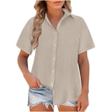 AherBiu Plus Size Tops for Women Cotton Linen Short Sleeve Button Down ...