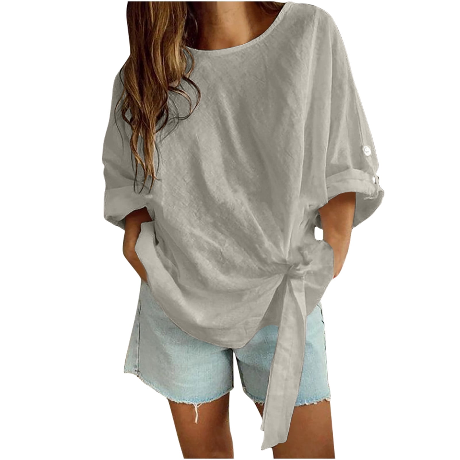 AherBiu Plus Size Tops for Women Crewneck Drop Shoulder Roll-Up Sleeve Oversized Knot-Tie Shirts ...