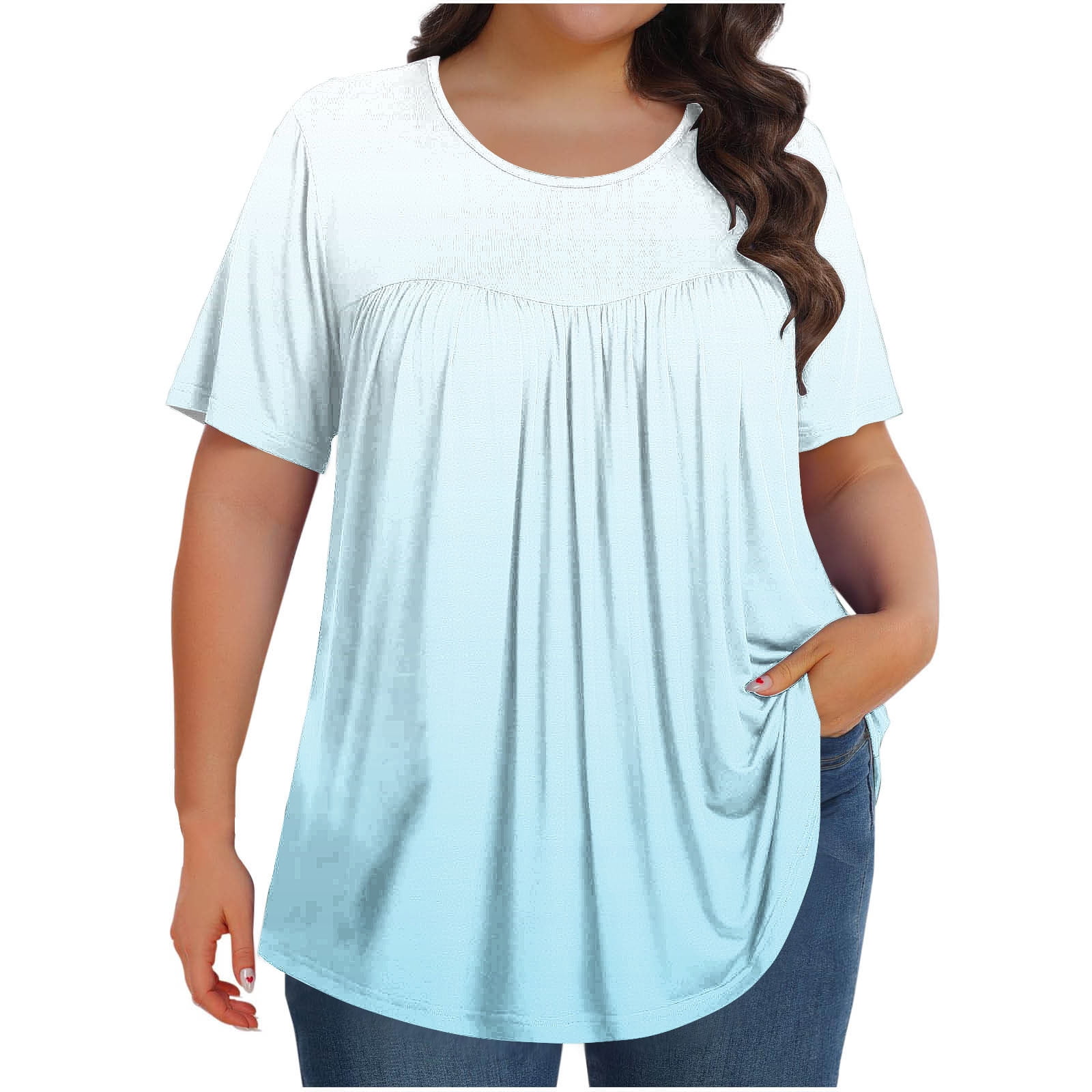 AherBiu Plus Size Tops for Women Crewneck Ruched Loose Summer Casual Short Sleeve Gradient Color ...