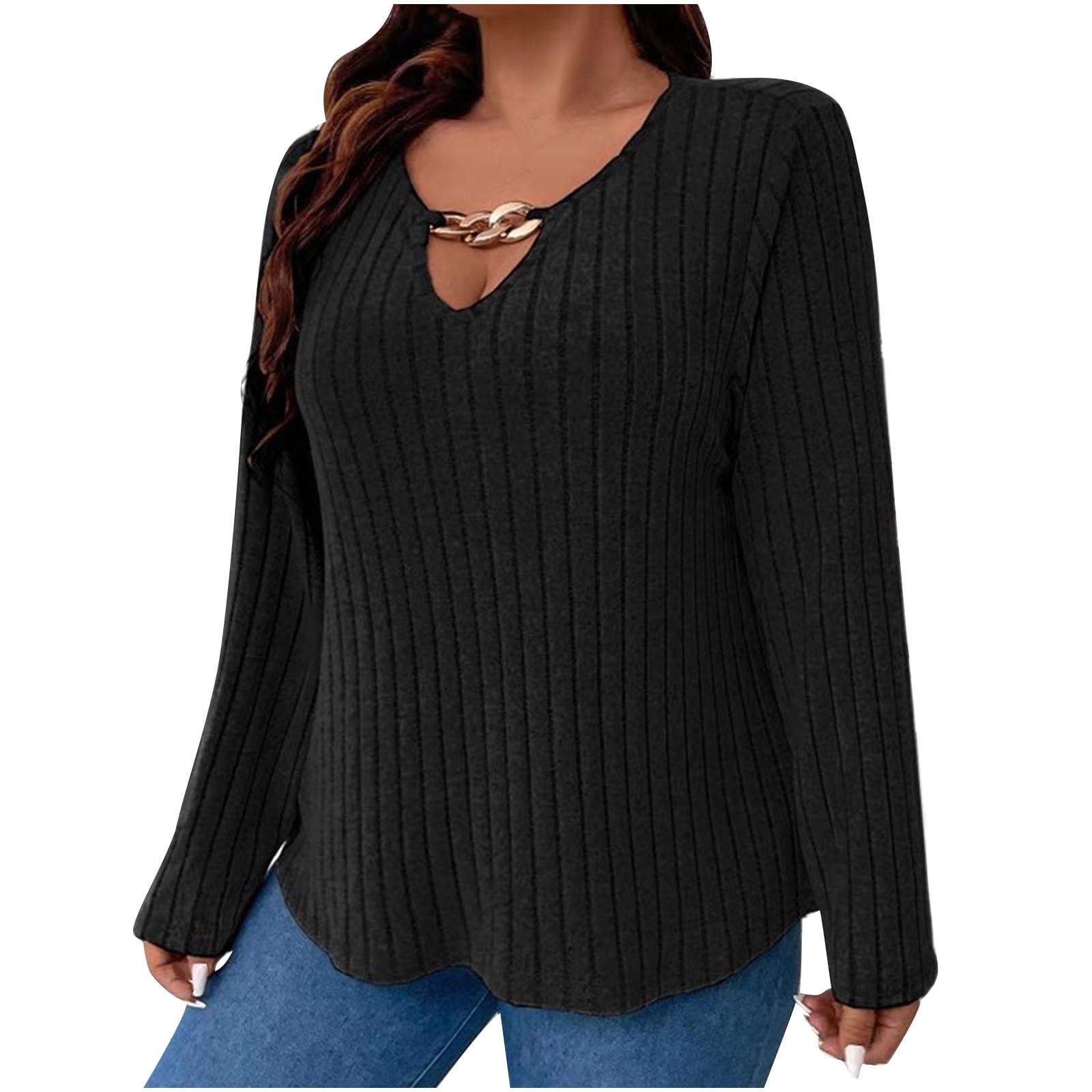 AherBiu Plus Size Tops for Women Keyhole Neck Long Sleeve Ribble ...